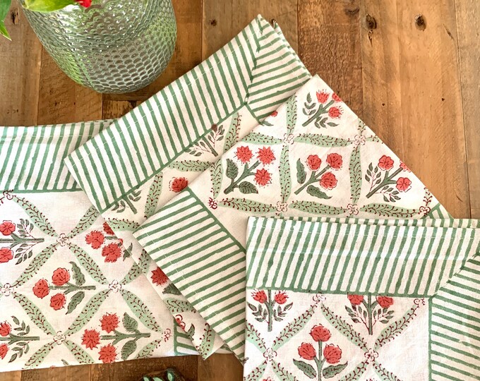Holly and Cranberries Block Print Table Napkins, Floral Block Print ...
