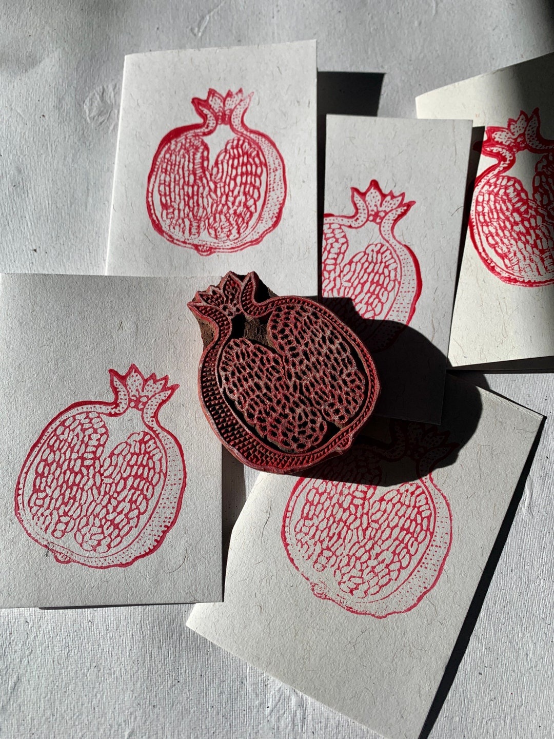Red Pomegranate Block Print Card Set, Handmade Cotton Rag Paper - Etsy