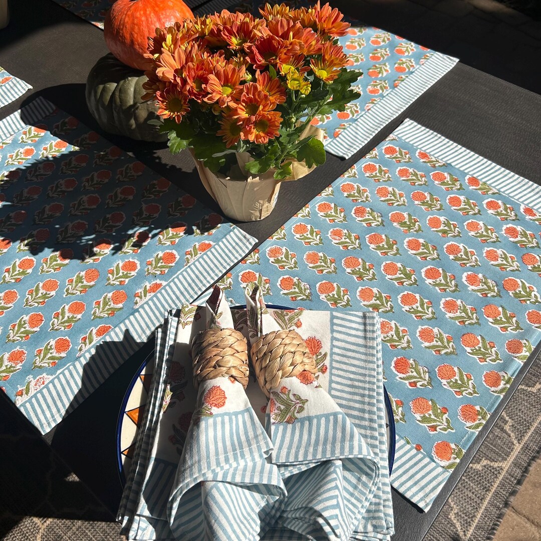 Orange Mums Block Print Table Placemats , Floral Block Print Table ...