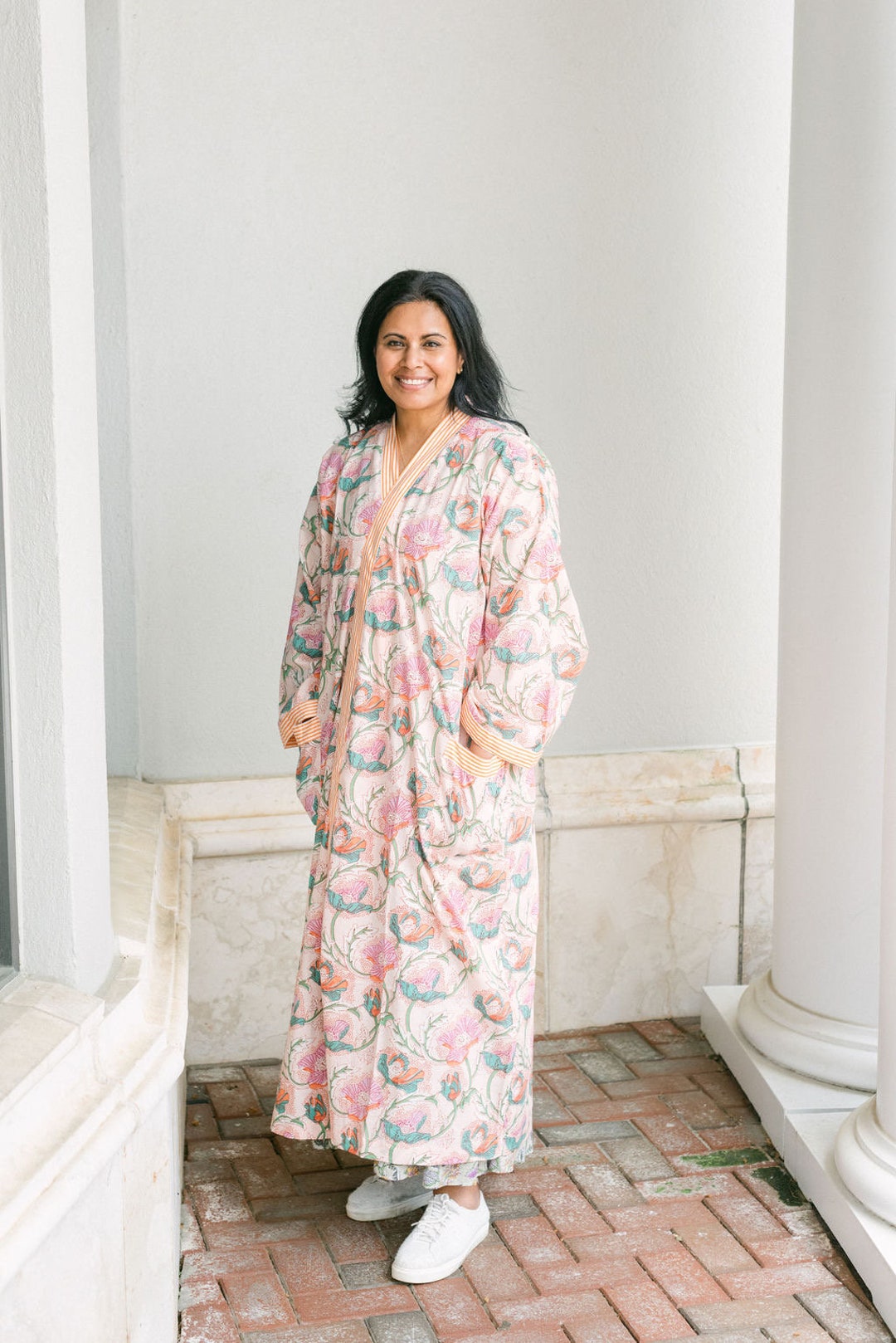 Peach Hibiscus Floral Block Print Cotton Robe, Cotton Kimono Robe, Hand ...