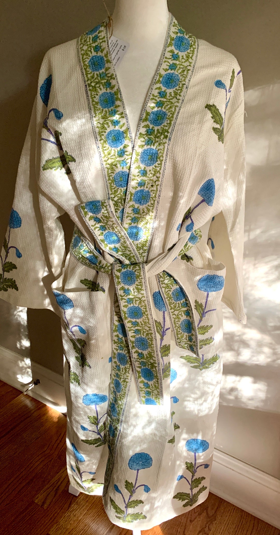 Blue Marigold Block Print Robe, Waffle Cotton Bath Robe, Blue Green ...
