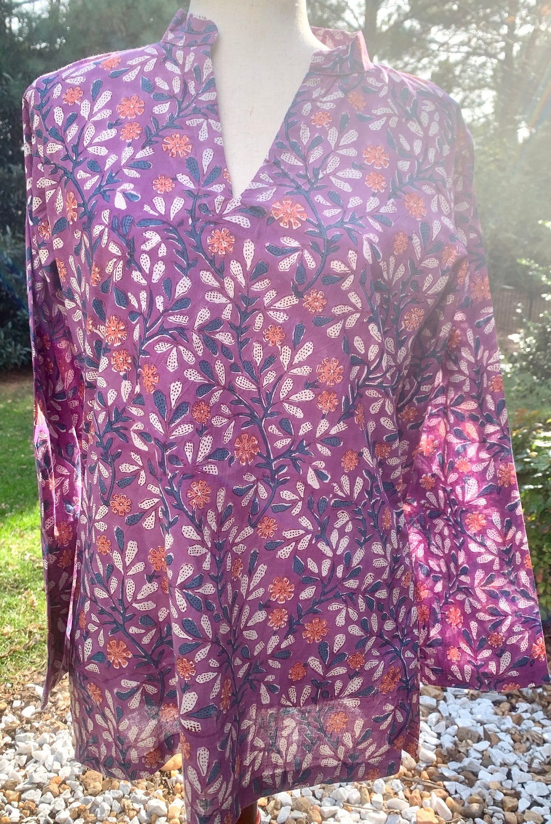 Purple Fiesta Block Print Floral Cotton Tunic, Cotton Tunic Hand ...