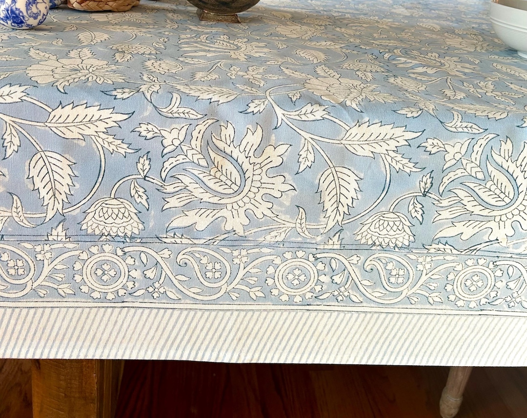 Carolina Summer Sky Table Cloth, Blue and White Floral Cotton ...