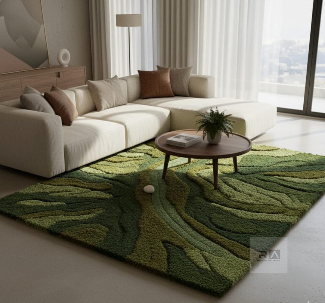 Hand Tufted Moss Green Wool Rug - Abstract Design, 8x10 - Etsy