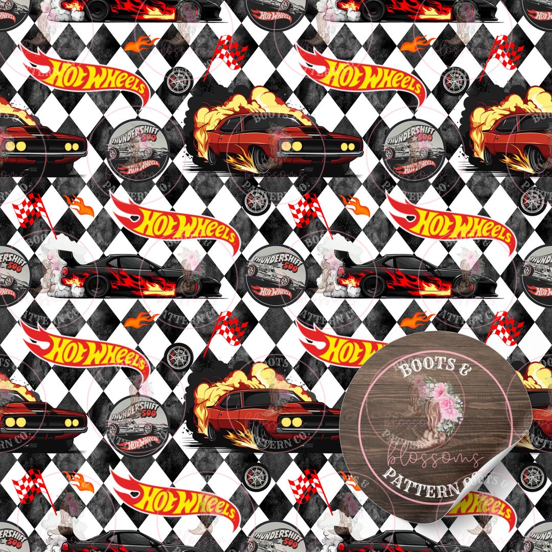 Retro Full Throttle Toy Car Seamless Pattern - Race Car Flame Pattern ...