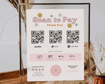 Editable Retro Colorful Scan to Pay QR Sign, DIY Boho Printable Payment ...