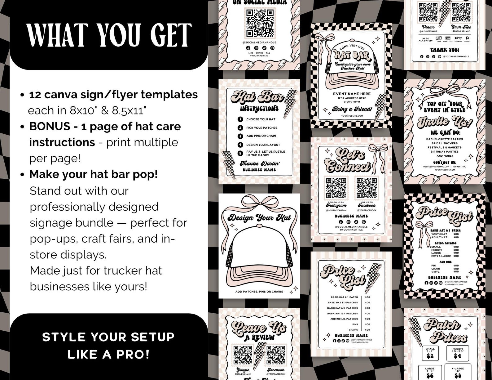 Trucker Hat Bar Sign Bundle Hat Care Cards, Pop-up Event Signage ...