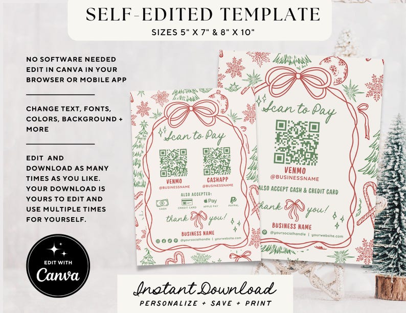 Editable Whimsical Holiday Payment Sign Template, Coquette Christmas QR ...