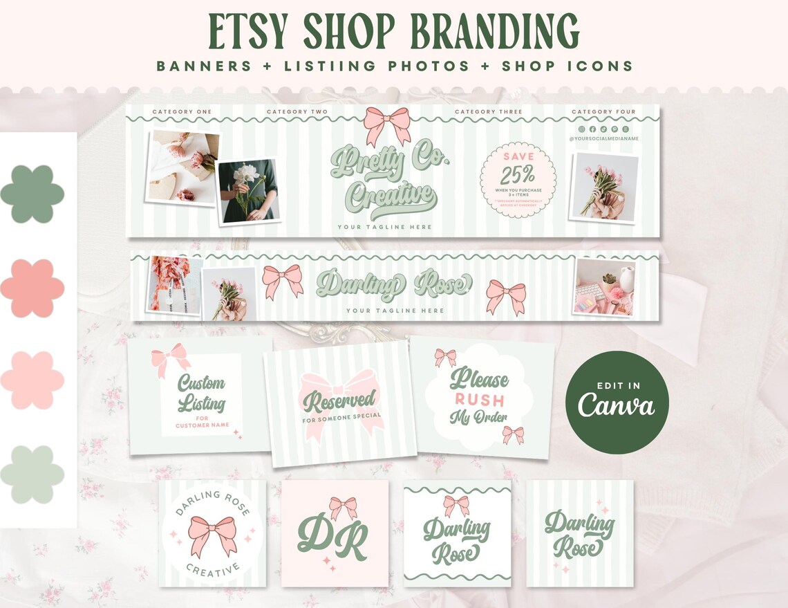 Coquette Bow Etsy Store Branding Kit, Editable Whimsical Pink Green ...