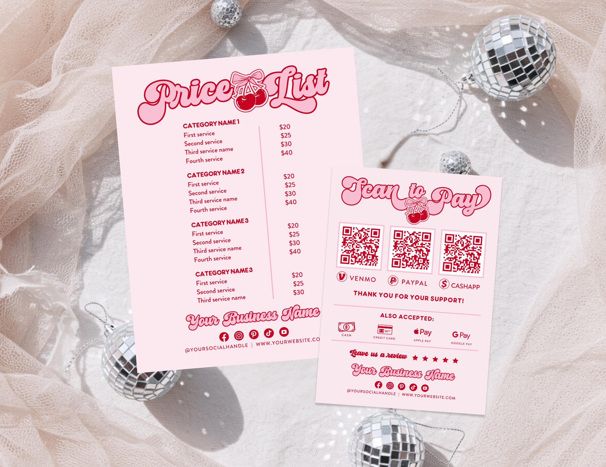 Coquette Cherry Price List & Scan to Pay Sign Canva Template, QR Code ...
