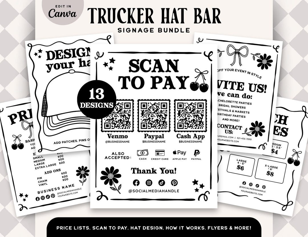 Trucker Hat Bar Sign Bundle + Hat Care Cards, Pop-up Event Signage ...