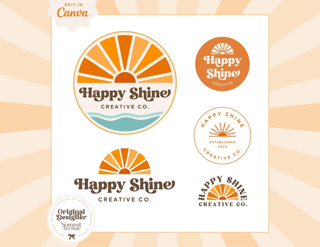 DIY Retro Sun Logo Design Canva Template, Editable Colorful Boho Sunset ...