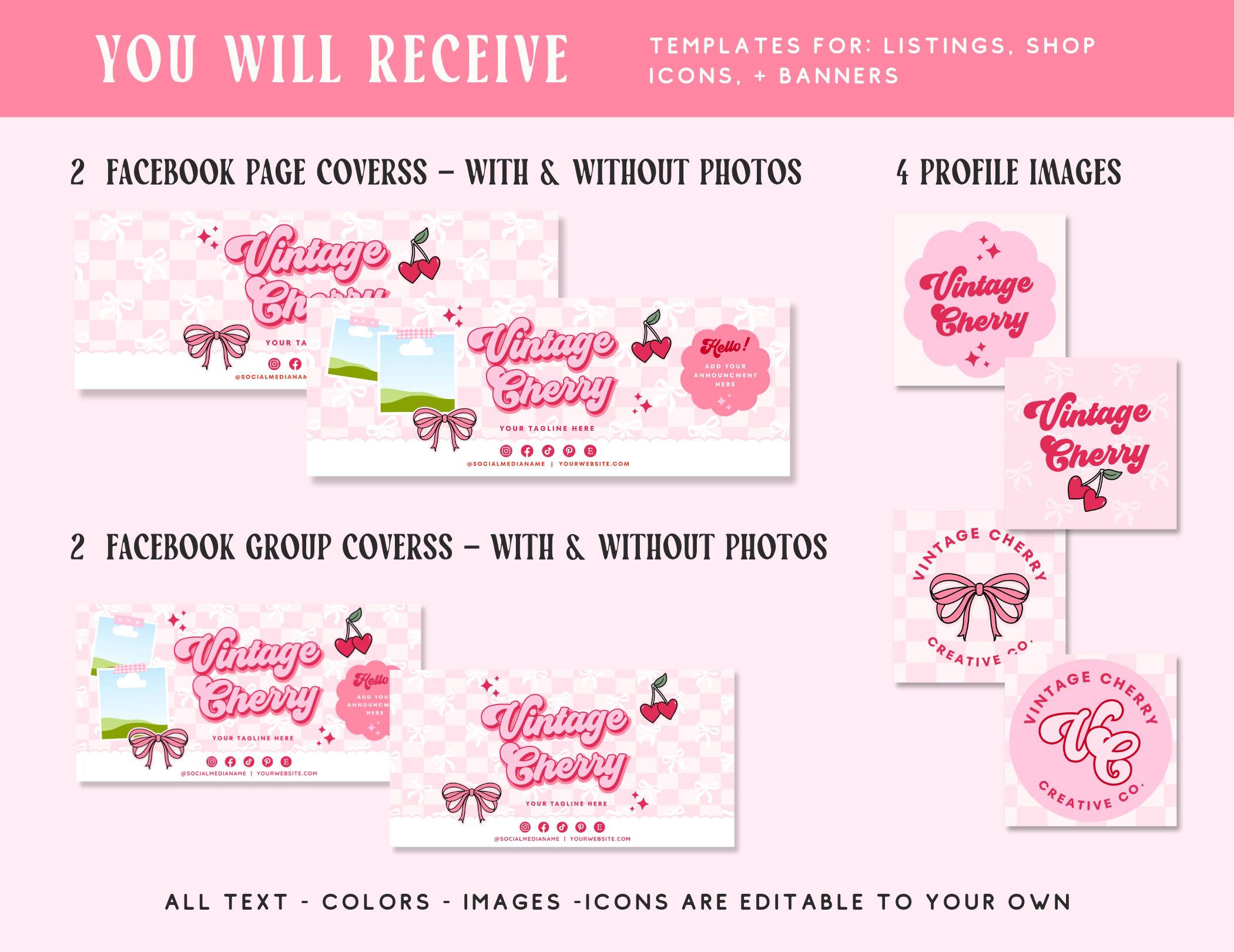 Retro Cherry Bow Facebook Branding Kit Canva Template, Pink Coquette ...