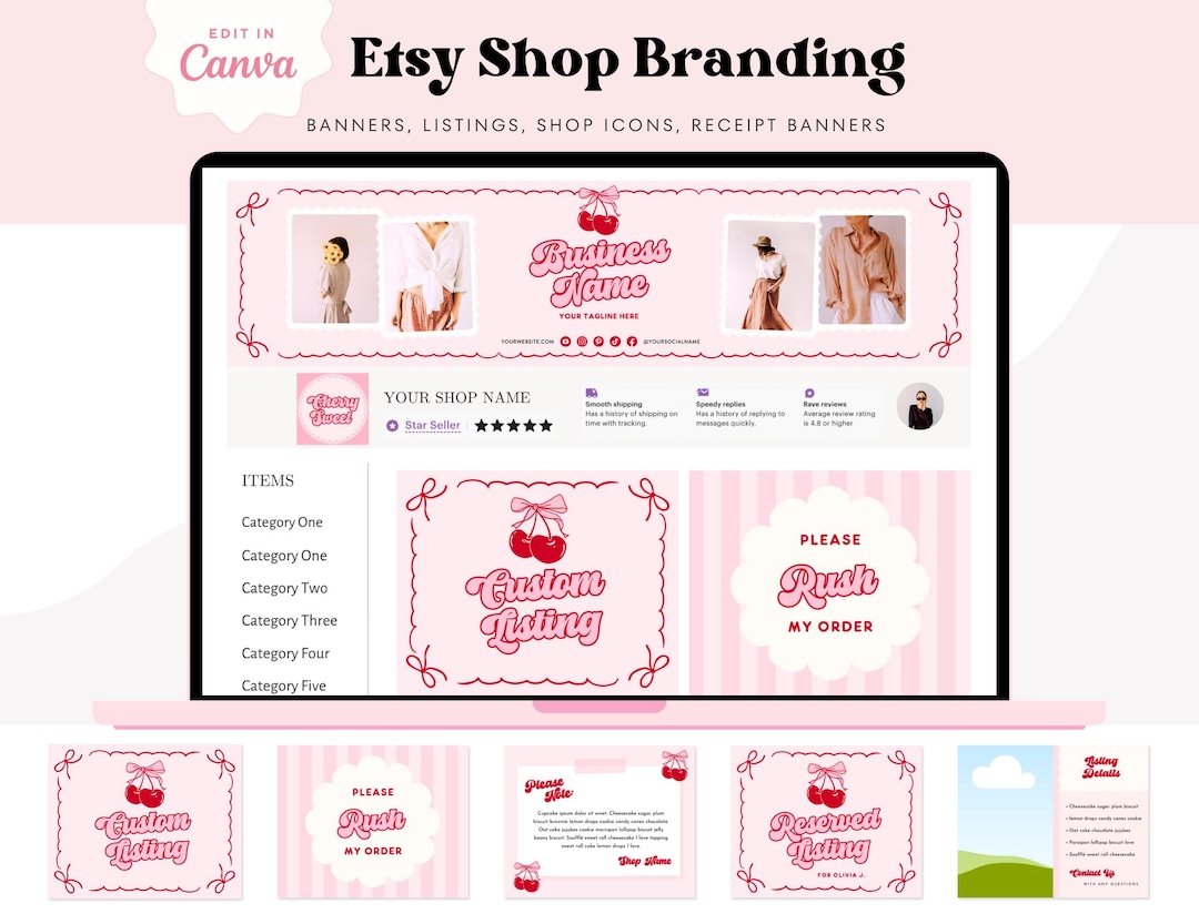 Coquette Etsy Shop Banner Template Canva Template, Cherry DIY Etsy Shop ...
