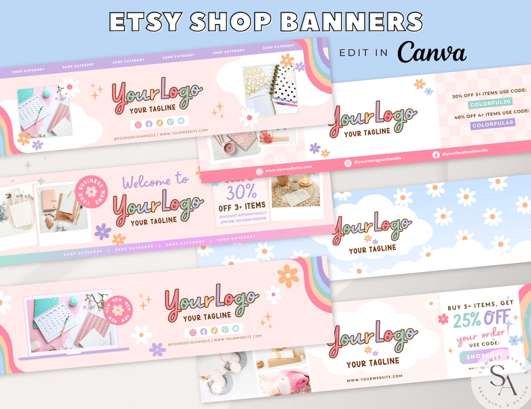 8 Editable Etsy Shop Banners, DIY Rainbow Facebook Etsy Covers, Flowers ...