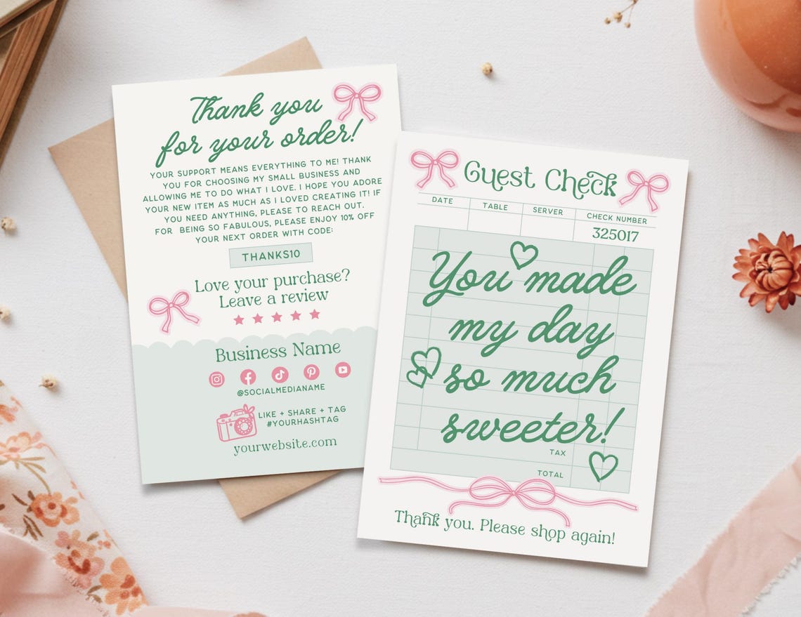 Trendy Bow Thank You Card, Cute Coquette Editable Customer Thank You ...