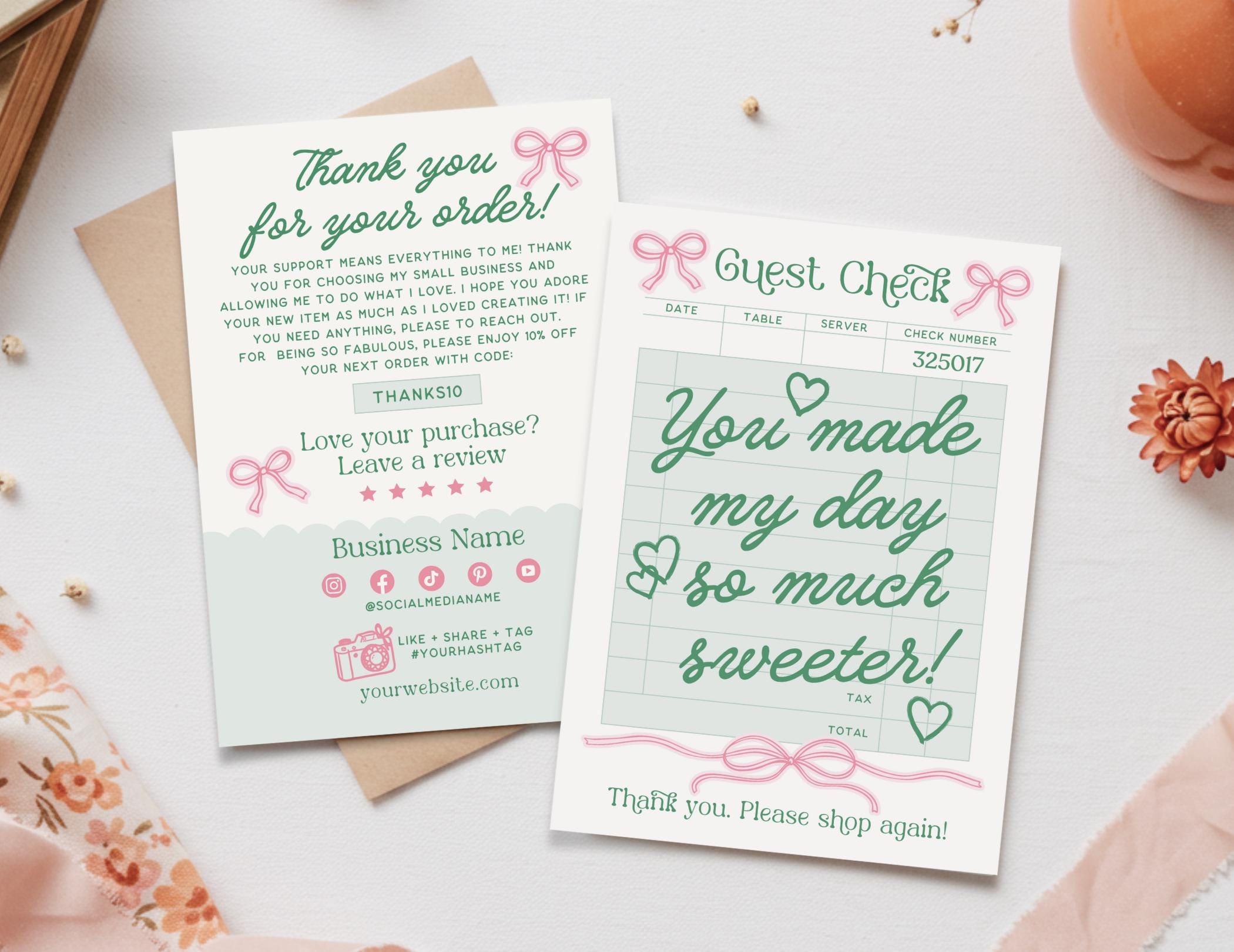 Trendy Bow Thank You Card, Cute Coquette Editable Customer Thank You ...
