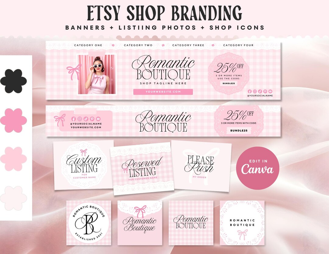 Pink Coquette Etsy Store Branding Kit, Editable Feminine Cute Lace ...