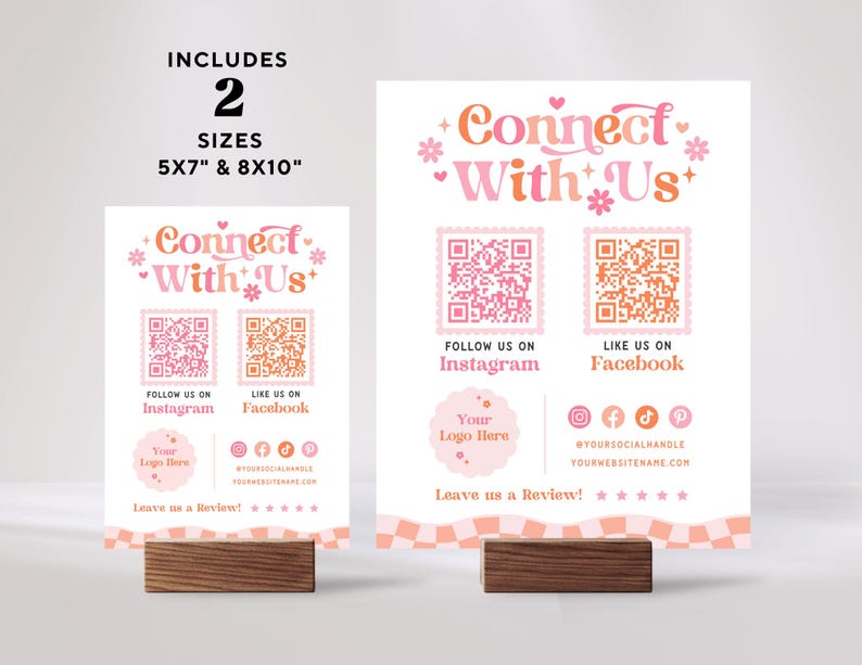 Pretty 2 QR Code Social Media Sign Canva Template, Follow Us on Social ...