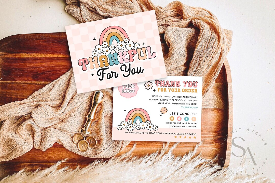 Retro Rainbow Thank You Card Canva Template, Colorful Boho Small ...