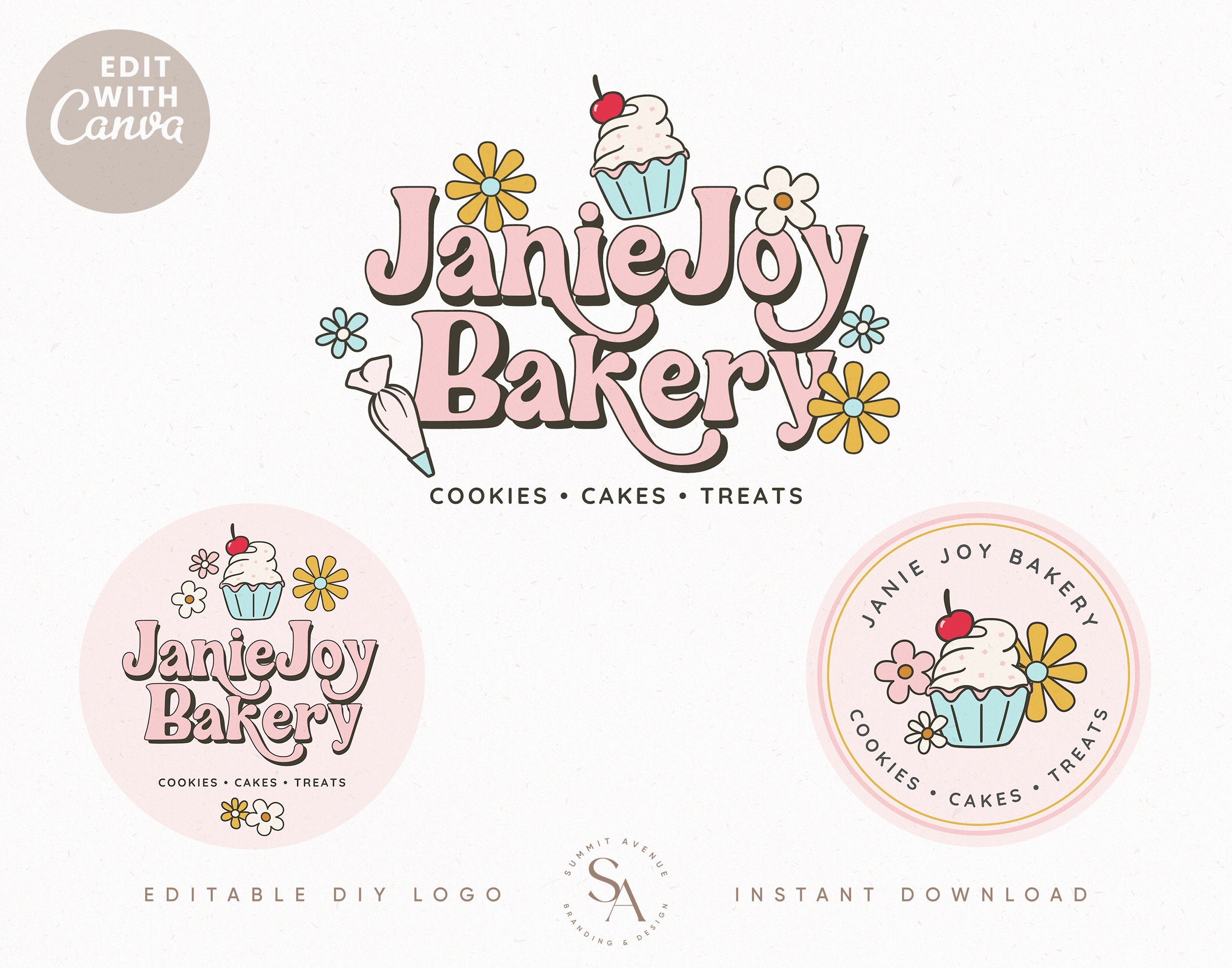 Editable Retro Flower Bakery Logo Design Instant Download - Etsy Australia