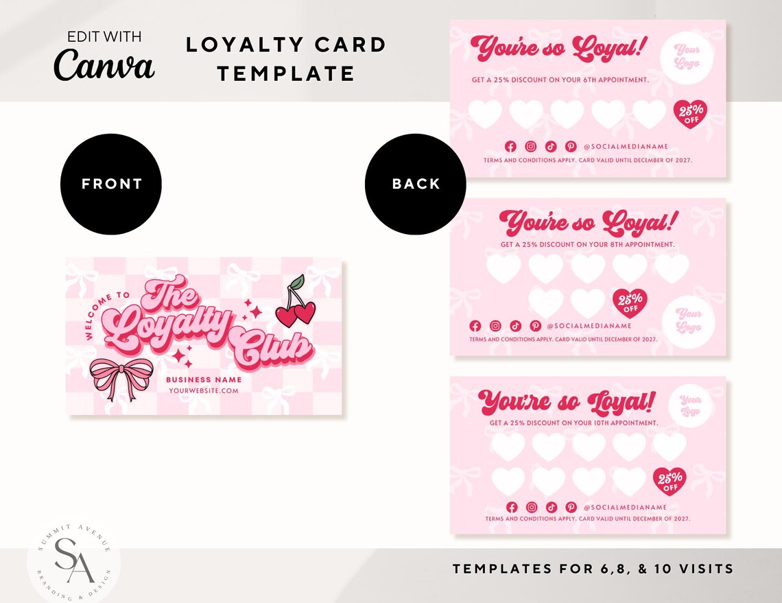 Editable Loyalty Card Template, Coquette Cherry Pink Bow Customer Punch ...