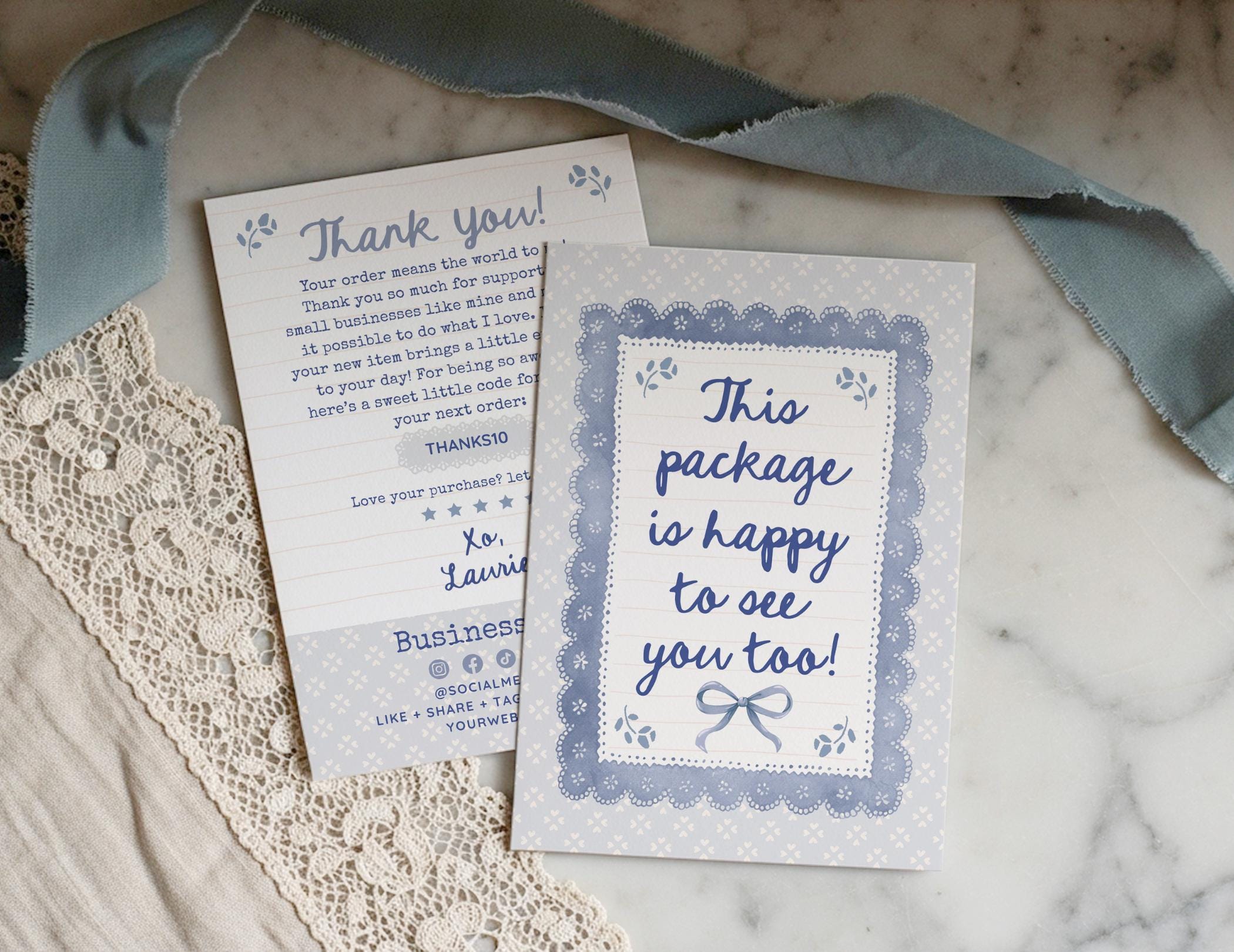 Editable Vintage Coquette Thank You Card Template, Cottagecore Blue Bow ...