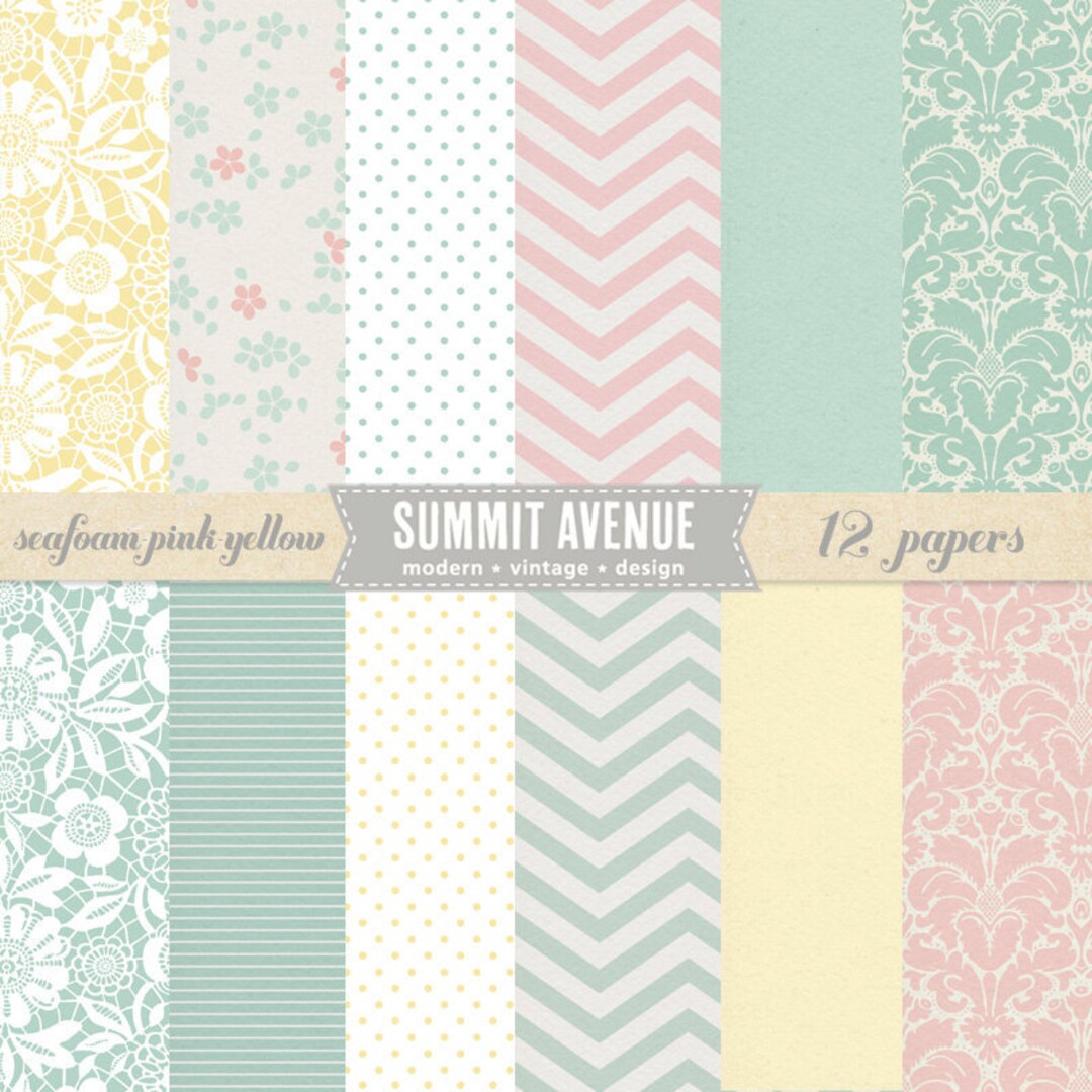 INSTANT DOWNLOAD Seafoam Pink & Yellow Digital Scrapbook Paper Pack N ...