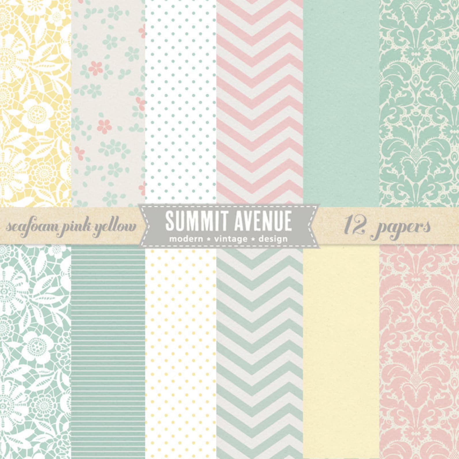 INSTANT DOWNLOAD Seafoam Pink & Yellow Digital Scrapbook Paper | Etsy