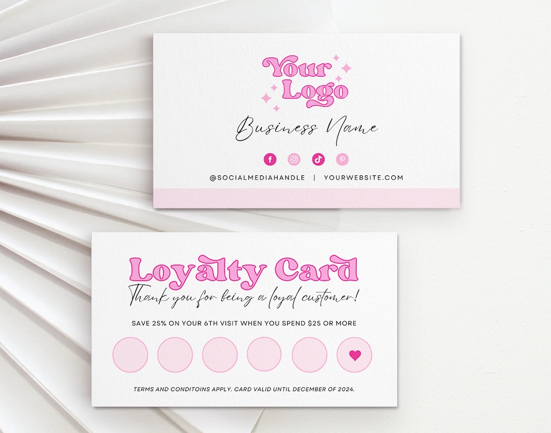 Editable Pink Retro Loyalty Card Template, Customer Punch Card ...