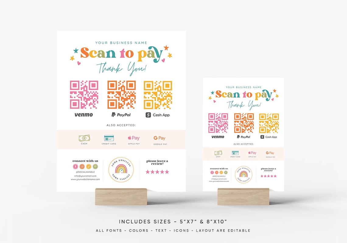 Editable Retro Rainbow Scan to Pay QR Sign, DIY Boho Printable Payment ...