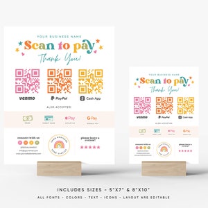 Editable Retro Rainbow Scan to Pay QR Sign, DIY Boho Printable Payment ...