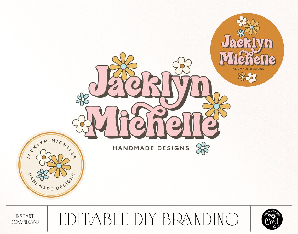 DIY Retro Groovy Flower Logo Design Instant Download, Premade Modern ...