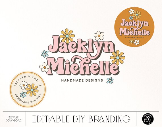 DIY Retro Groovy Flower Logo Design Instant Download Premade - Etsy