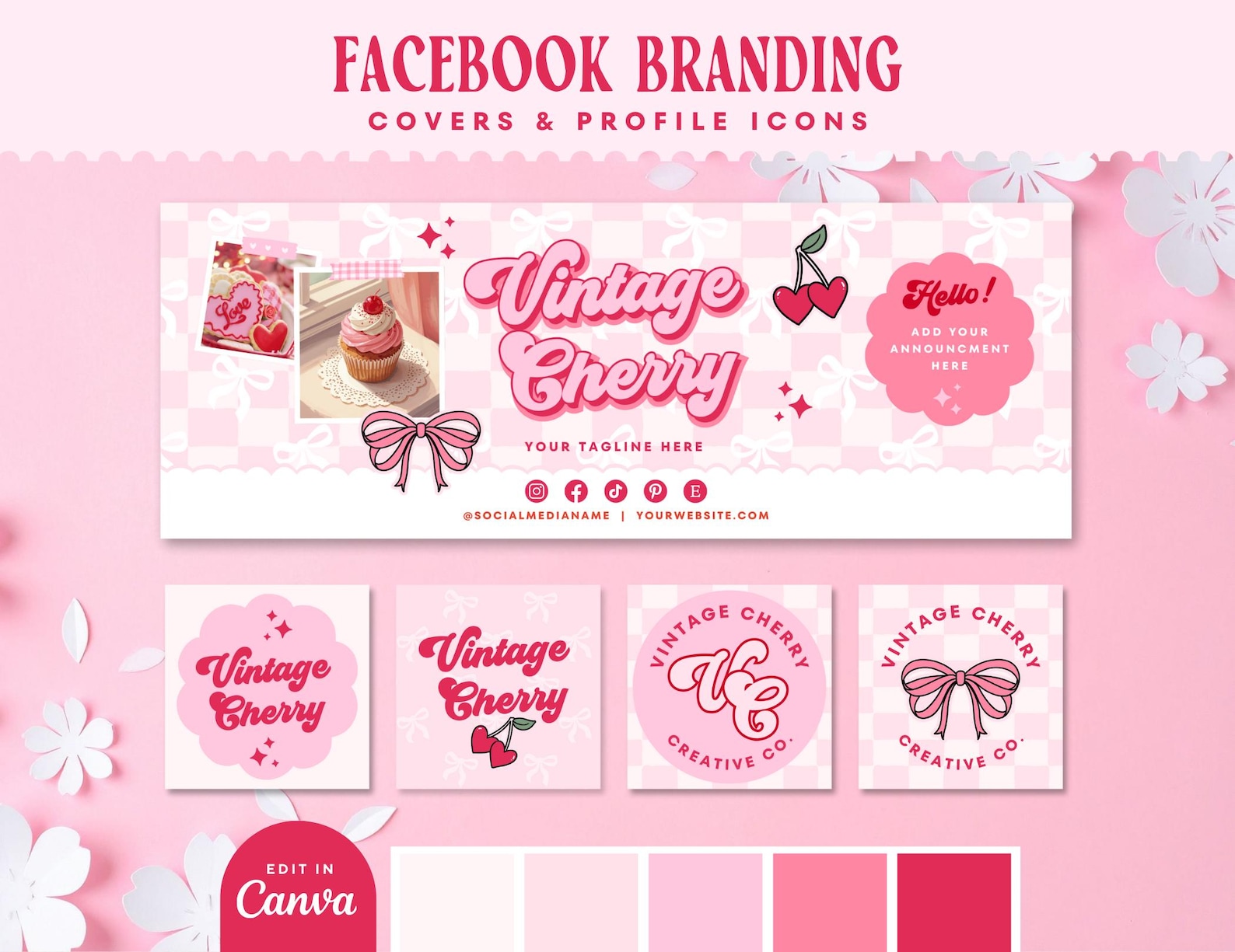 Retro Cherry Bow Facebook Branding Kit Canva Template, Pink Coquette ...
