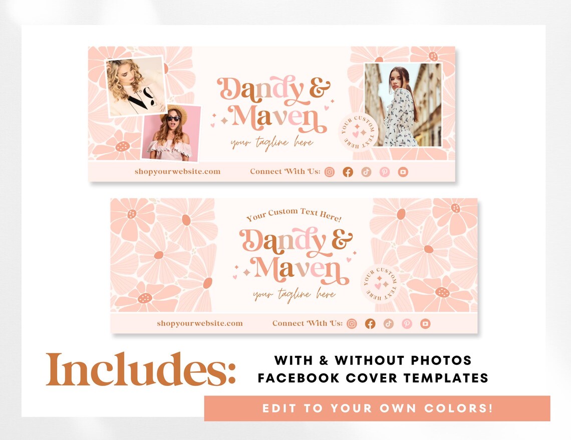 Editable Retro Facebook Kit, Rainbow Facebook Page Banners, DIY Pink ...