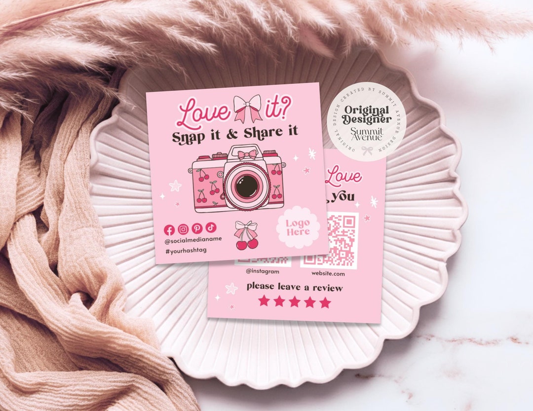 Editable Coquette Snap and Share Card Canva Template, Pink Cherry & Bow ...