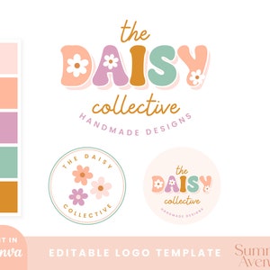 Editable Boho Daisy Logo Design Instant Download, DIY Retro Colorful ...