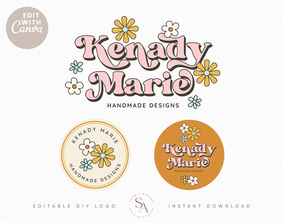 Editable Retro Groovy Flower Logo Design, Instant Download Premade DIY ...