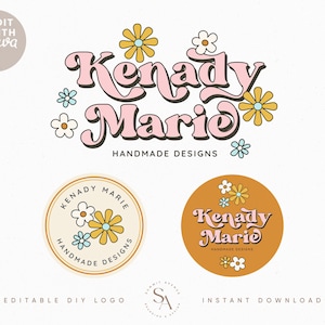 Editable Retro Groovy Flower Logo Design, Instant Download Premade DIY ...