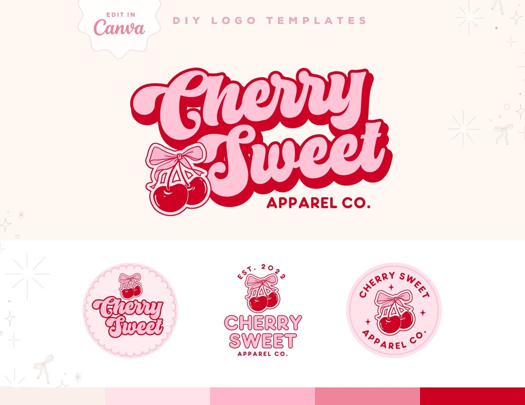 Coquette Aesthetic Logo Design Template, Bow and Cherries Retro Logo ...