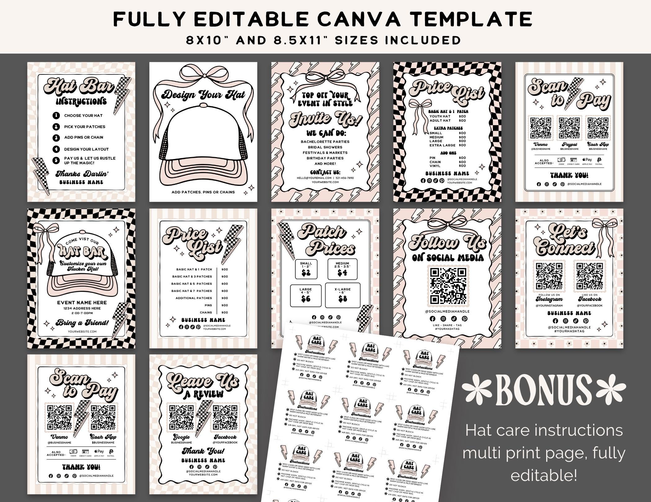 Trucker Hat Bar Sign Bundle Hat Care Cards, Pop-up Event Signage ...
