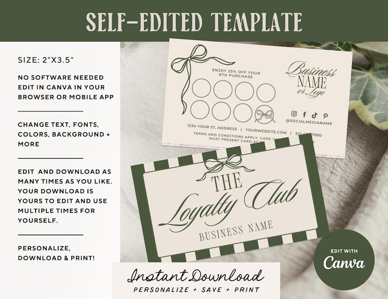 Luxury Editable Loyalty Card Template, Elegant Olive Green Customer ...