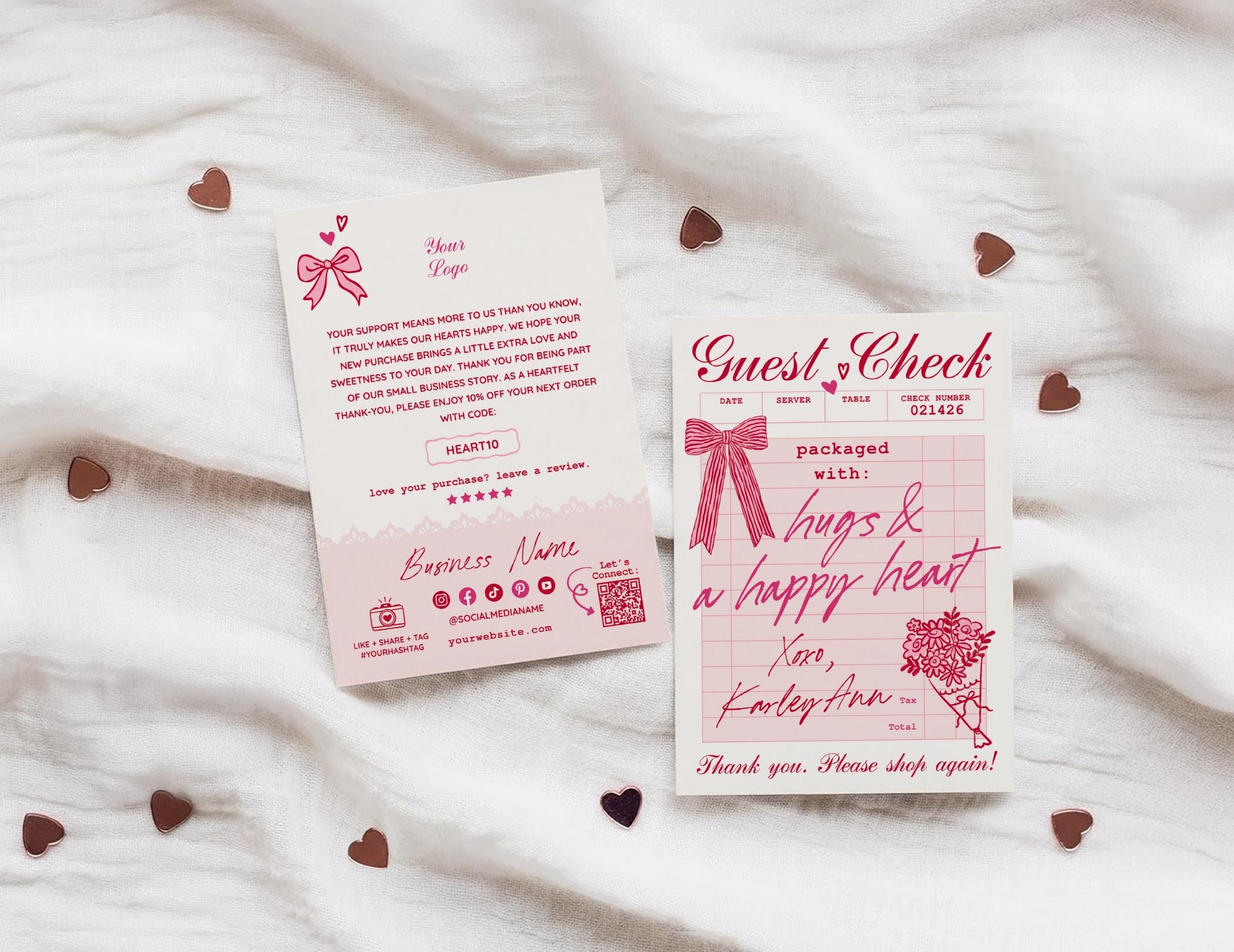 Valentine Vintage Guest Check Thank You Card Canva Template, Cute Pink ...