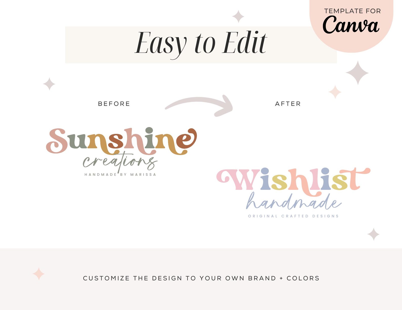 Editable Colorful Boho Canva Logo Template, Instant Download Retro 70s ...