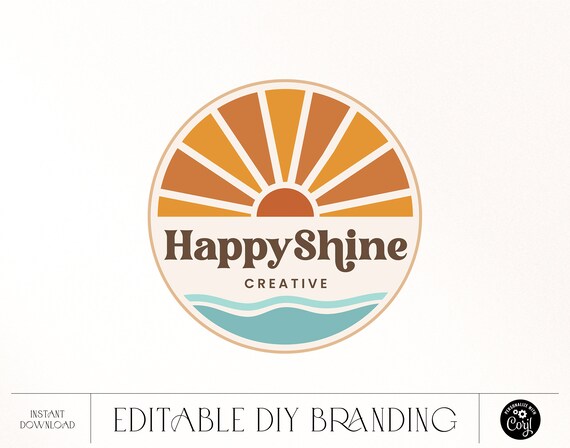 Retro 70s Sun Logo Design Instant Download Boho Sunshine Logo | Etsy