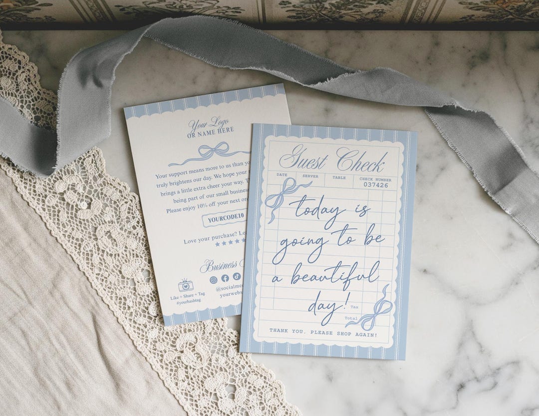 Vintage Guest Check Thank You Card Canva Template, Blue Coquette Bow ...