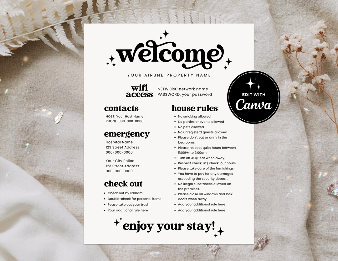 Retro Airbnb Welcome Sign Canva Template, Editable Rules Sheet for ...