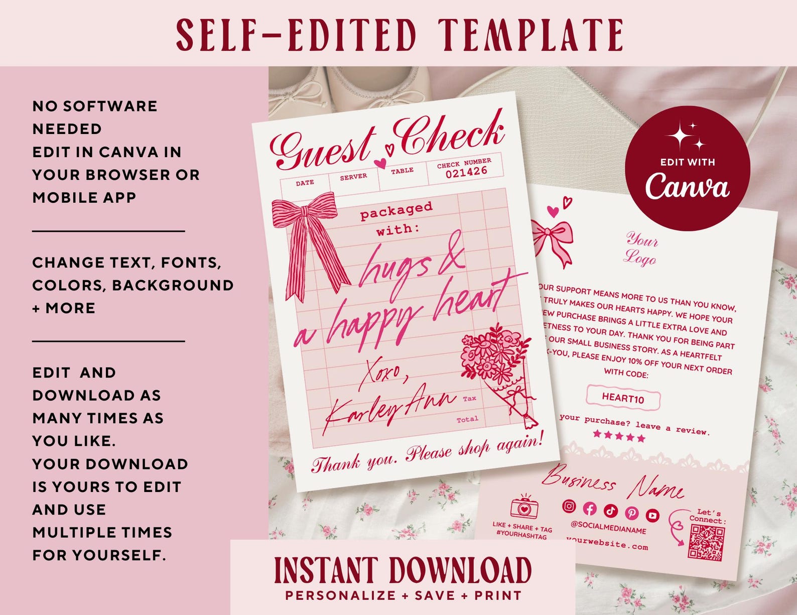 Valentine Vintage Guest Check Thank You Card Canva Template, Cute Pink ...