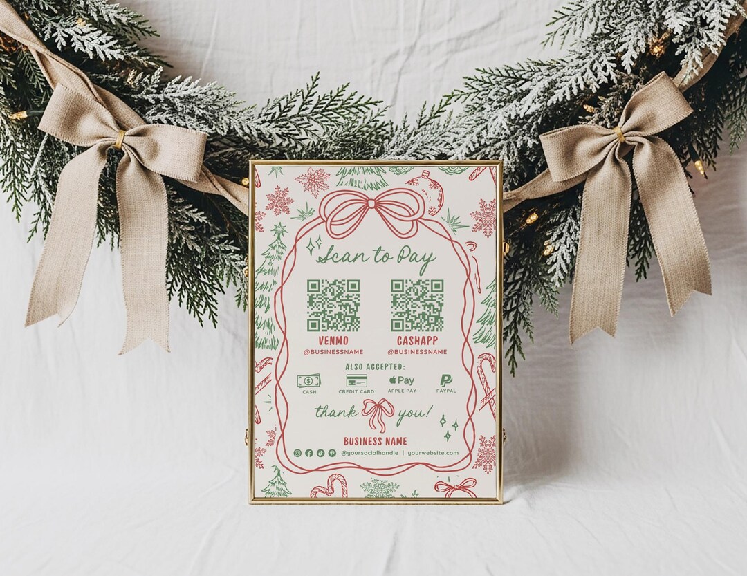 Editable Whimsical Holiday Payment Sign Template, Coquette Christmas QR ...